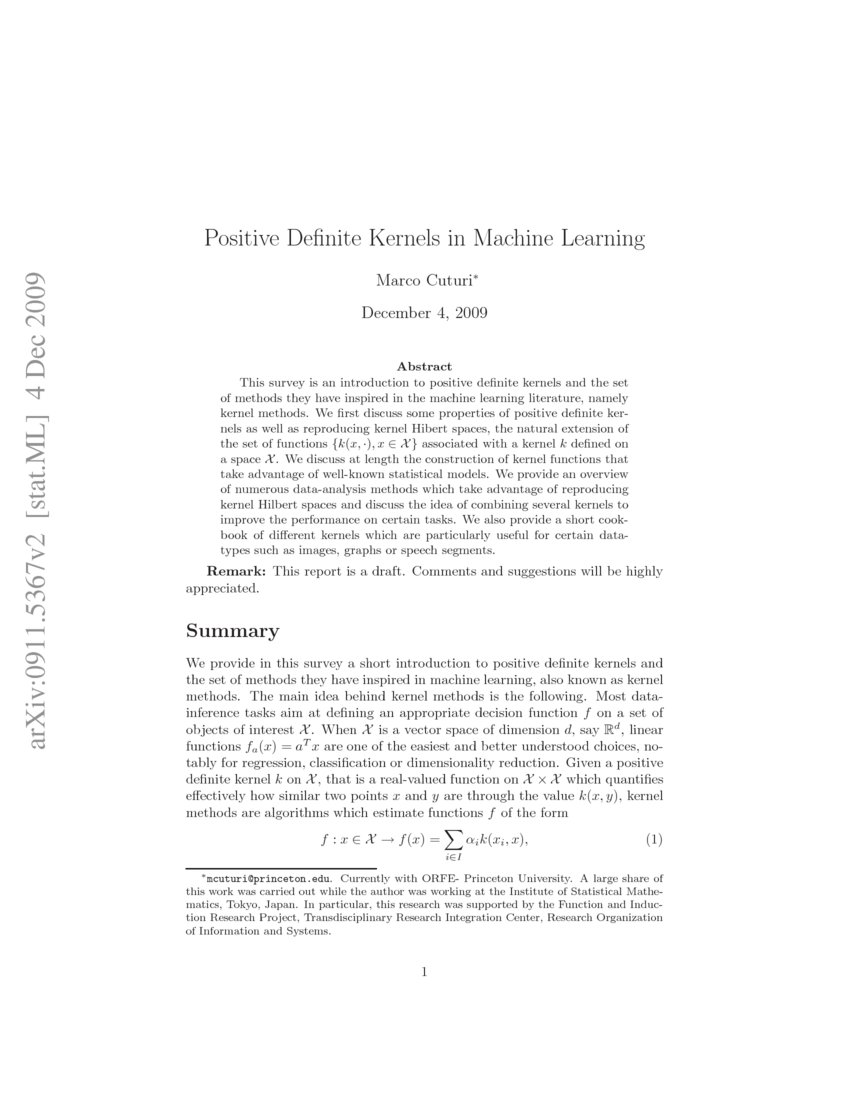 Positive Definite Kernels in Machine Learning | DeepAI