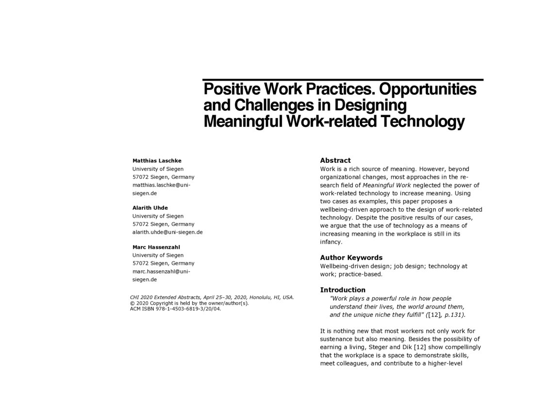 Positive Work Practices. Opportunities and Challenges in Designing ...
