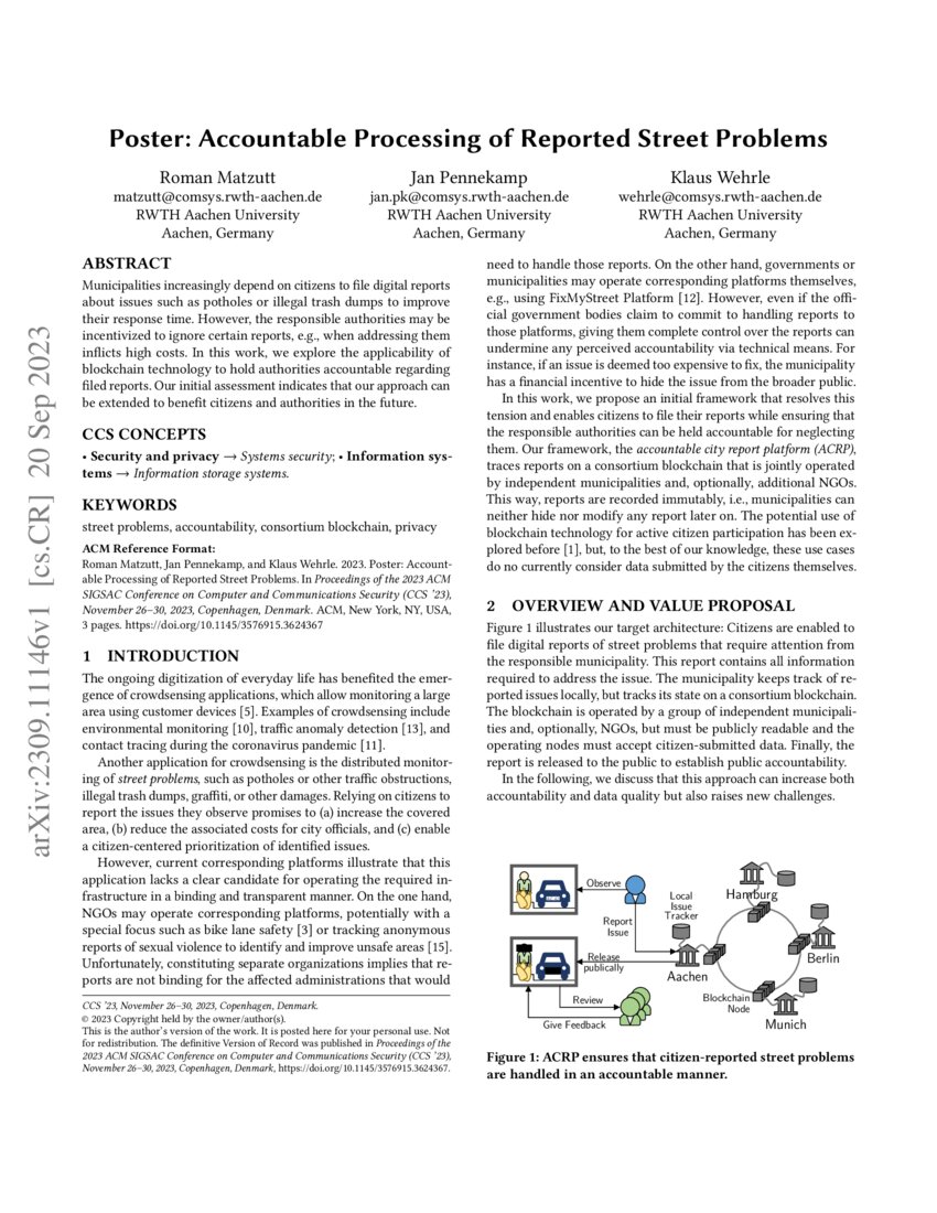 Poster: Accountable Processing of Reported Street Problems | DeepAI