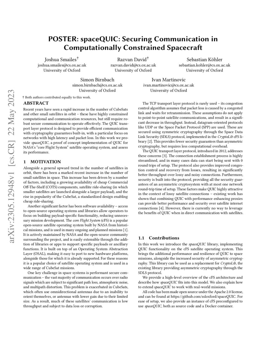 POSTER: spaceQUIC: Securing Communication in Computationally Constrained Spacecraft | DeepAI