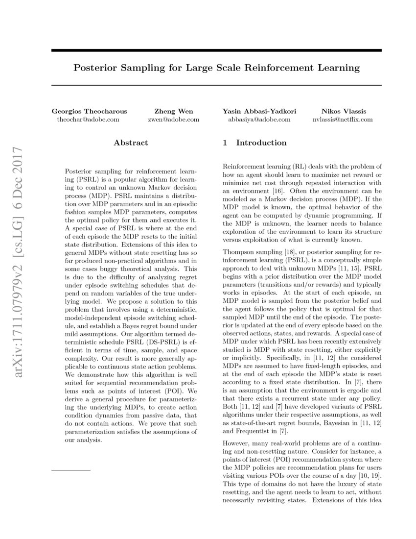Posterior Sampling for Large Scale Reinforcement Learning | DeepAI