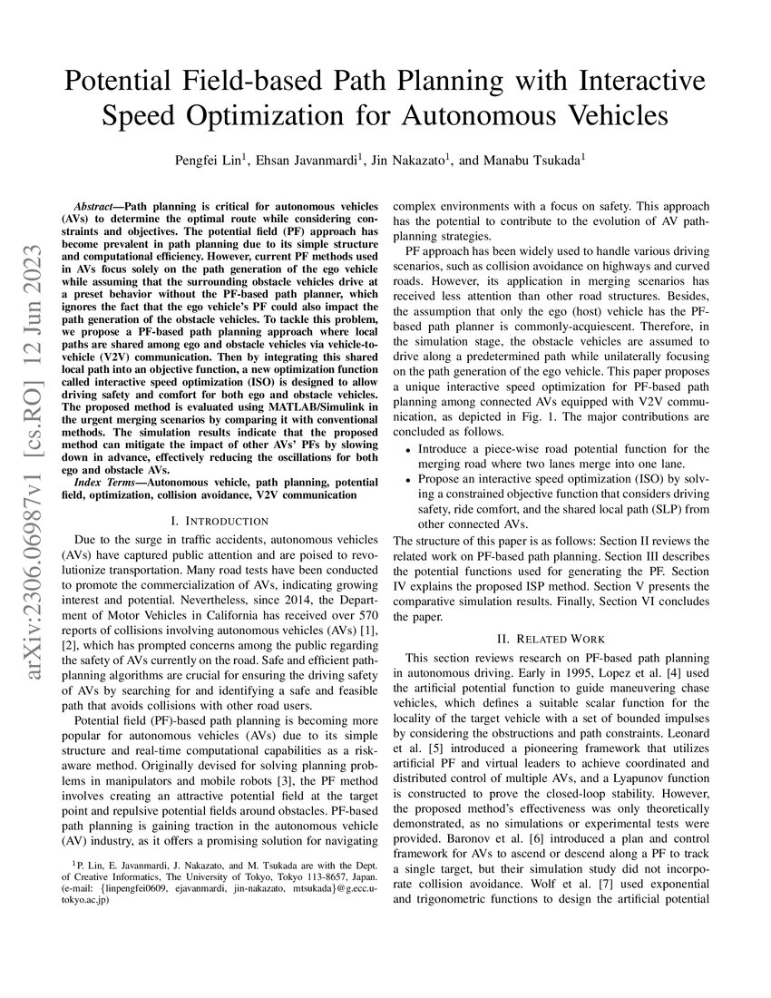 Potential Field Based Path Planning With Interactive Speed Optimization For Autonomous Vehicles