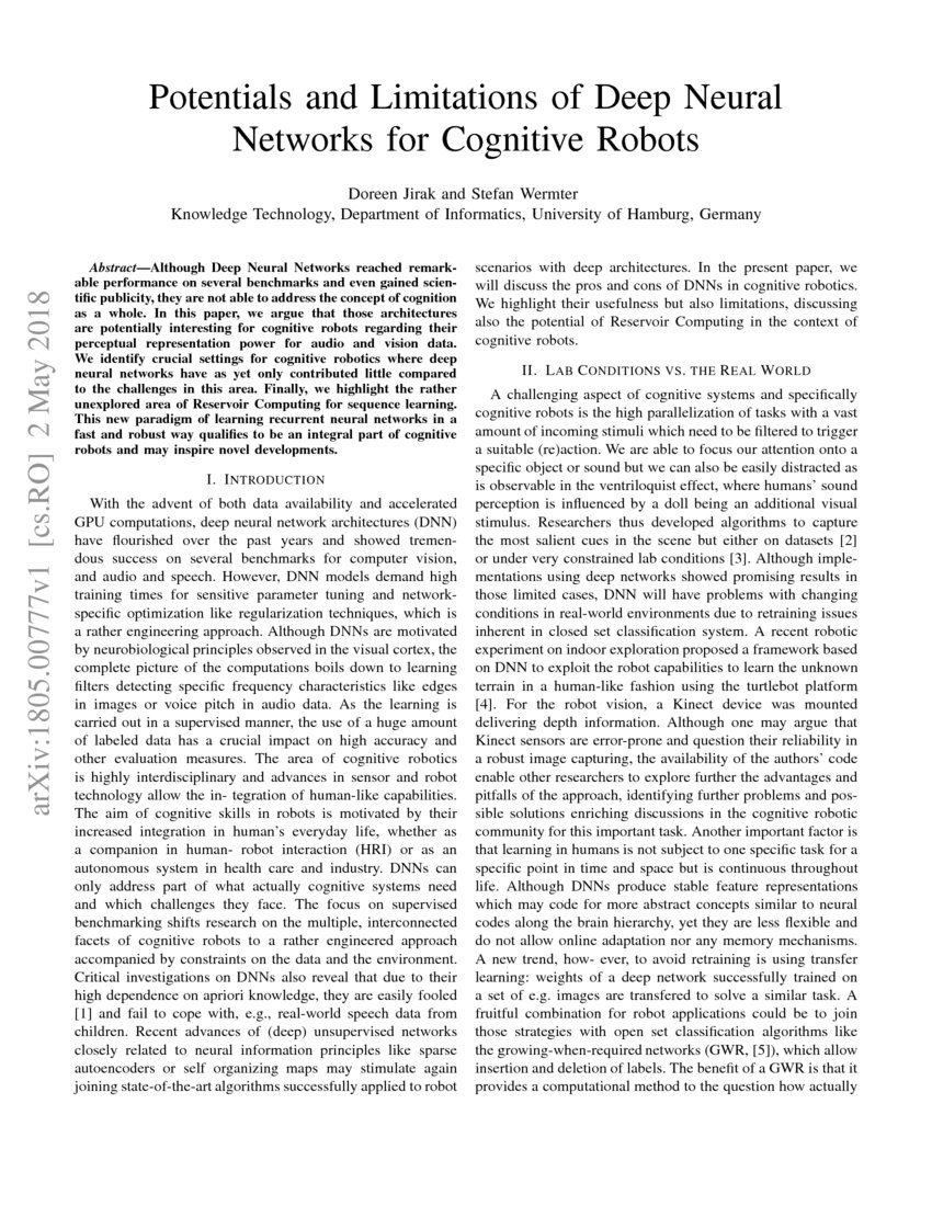Potentials and Limitations of Deep Neural Networks for Cognitive Robots | DeepAI