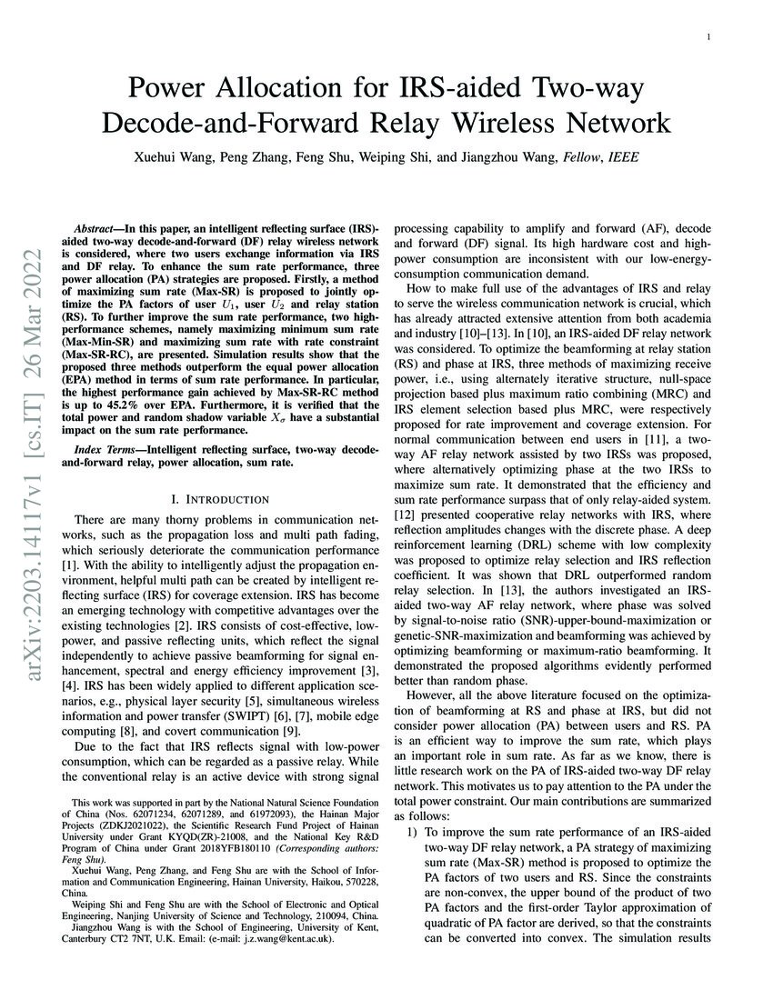 Power Allocation for IRS-aided Two-way Decode-and-Forward Relay Wireless Network | DeepAI