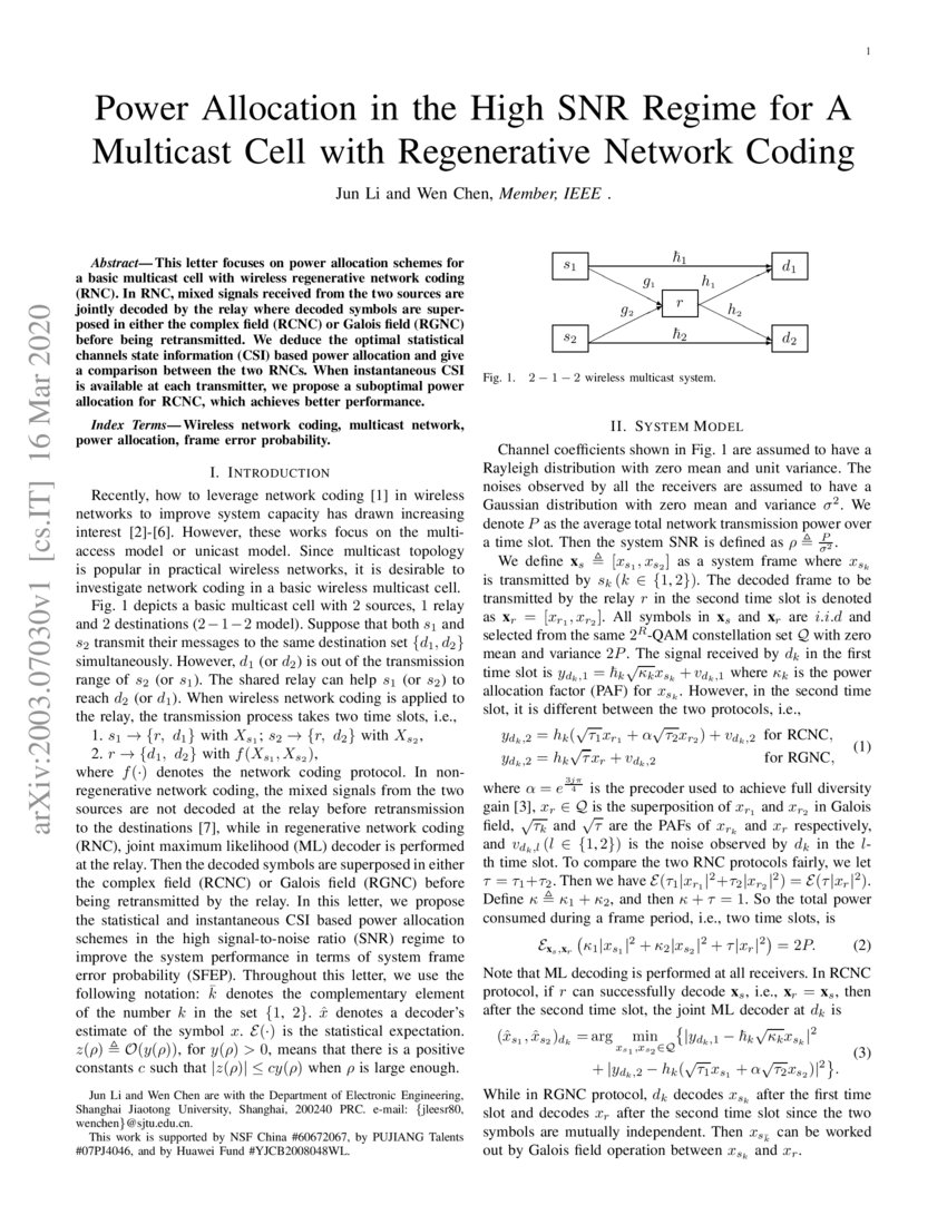 Power Allocation in the High SNR Regime for A Multicast Cell with Regenerative Network Coding ...