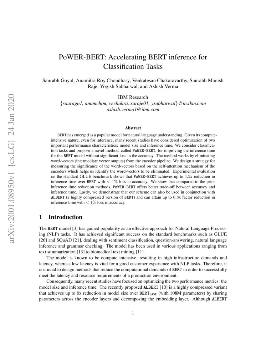 PoWER-BERT: Accelerating BERT inference for Classification Tasks | DeepAI