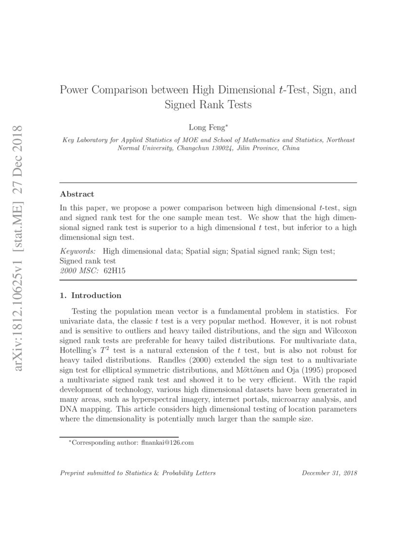Power Comparison between High Dimensional t-Test, Sign, and Signed Rank ...
