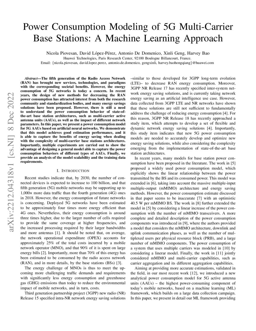 Power Consumption Modeling of 5G Multi-Carrier Base Stations: A Machine Learning Approach | DeepAI