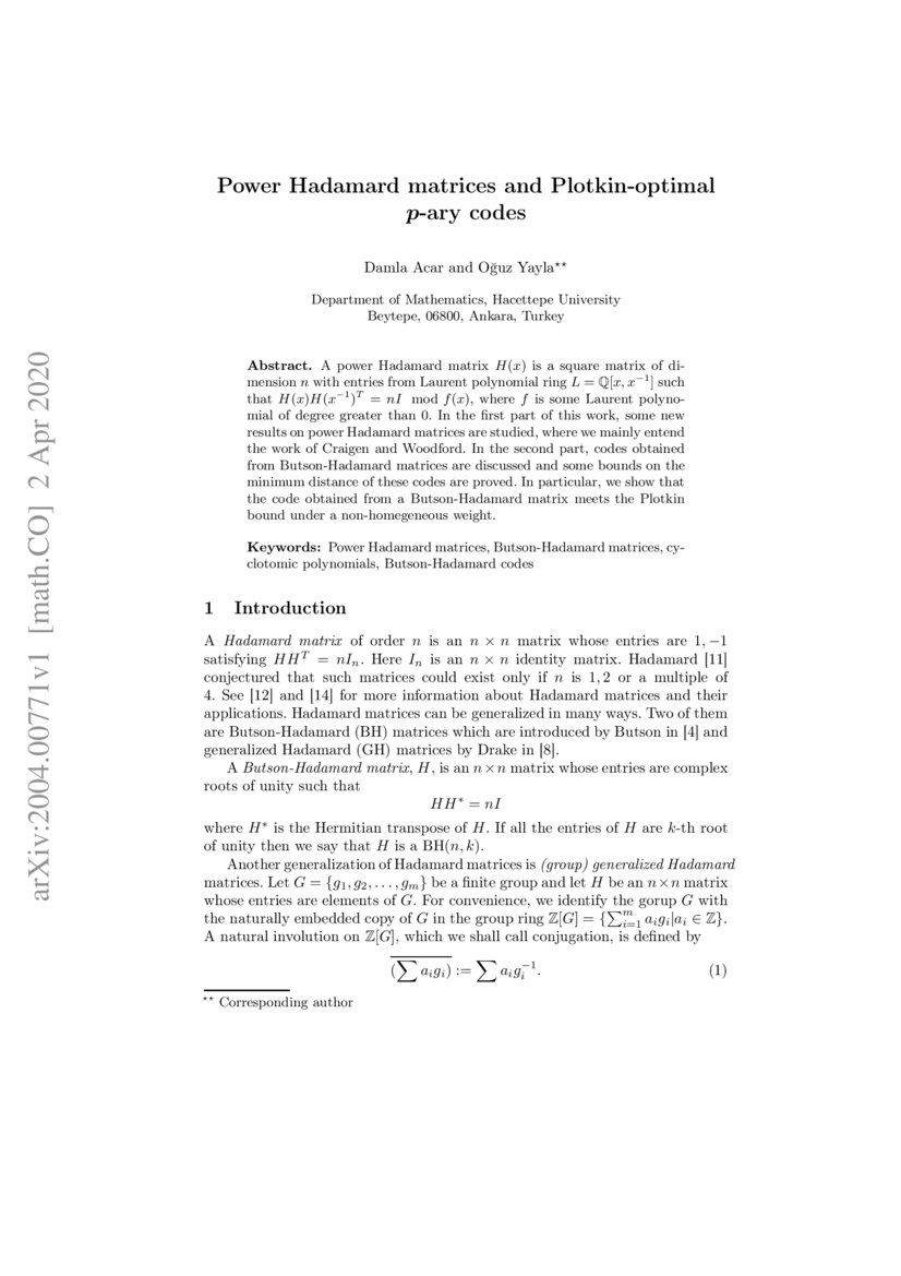 Power Hadamard matrices and Plotkin-optimal p-ary codes | DeepAI