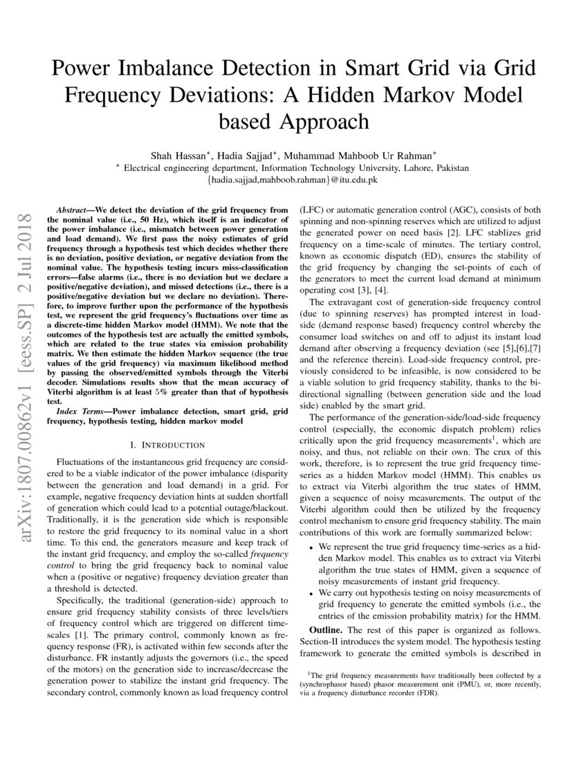 Power Imbalance Detection in Smart Grid via Grid Frequency Deviations: A Hidden Markov Model ...