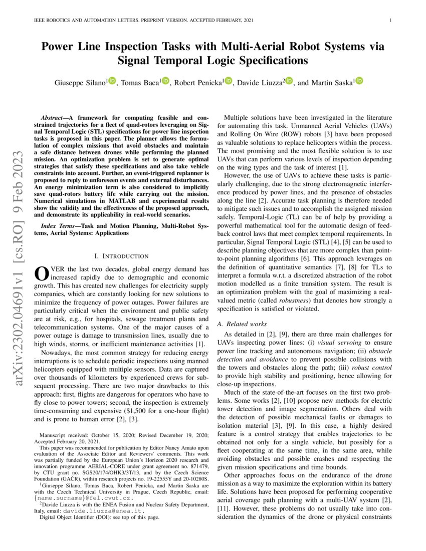 Power Line Inspection Tasks With Multi Aerial Robot Systems Via Signal Temporal Logic