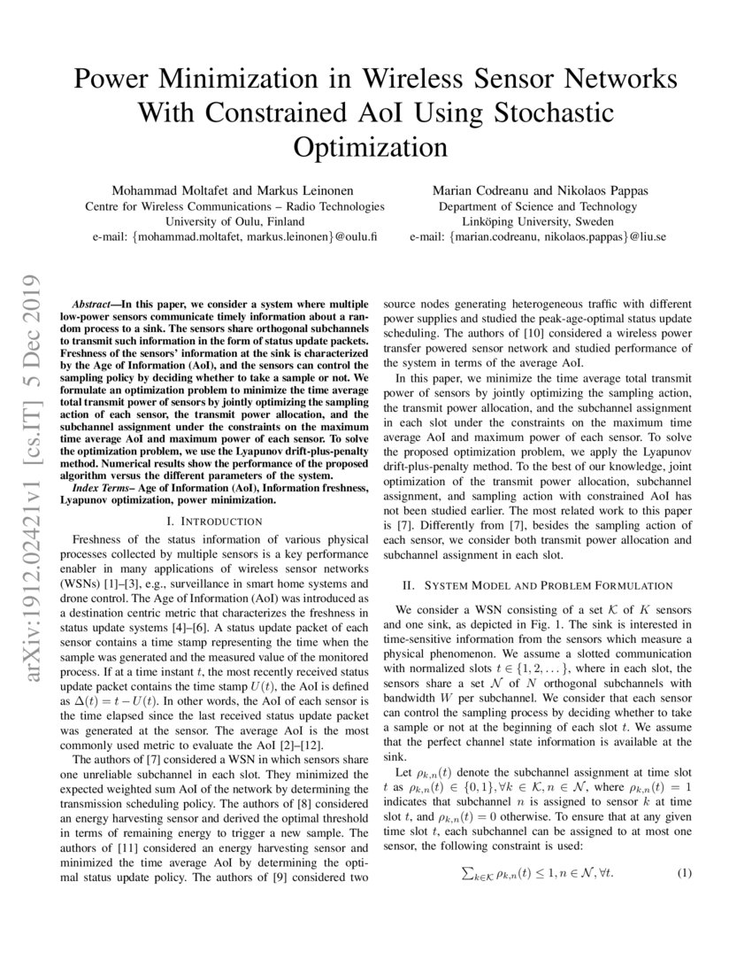 Power Minimization In Wireless Sensor Networks With Constrained Aoi Using Stochastic