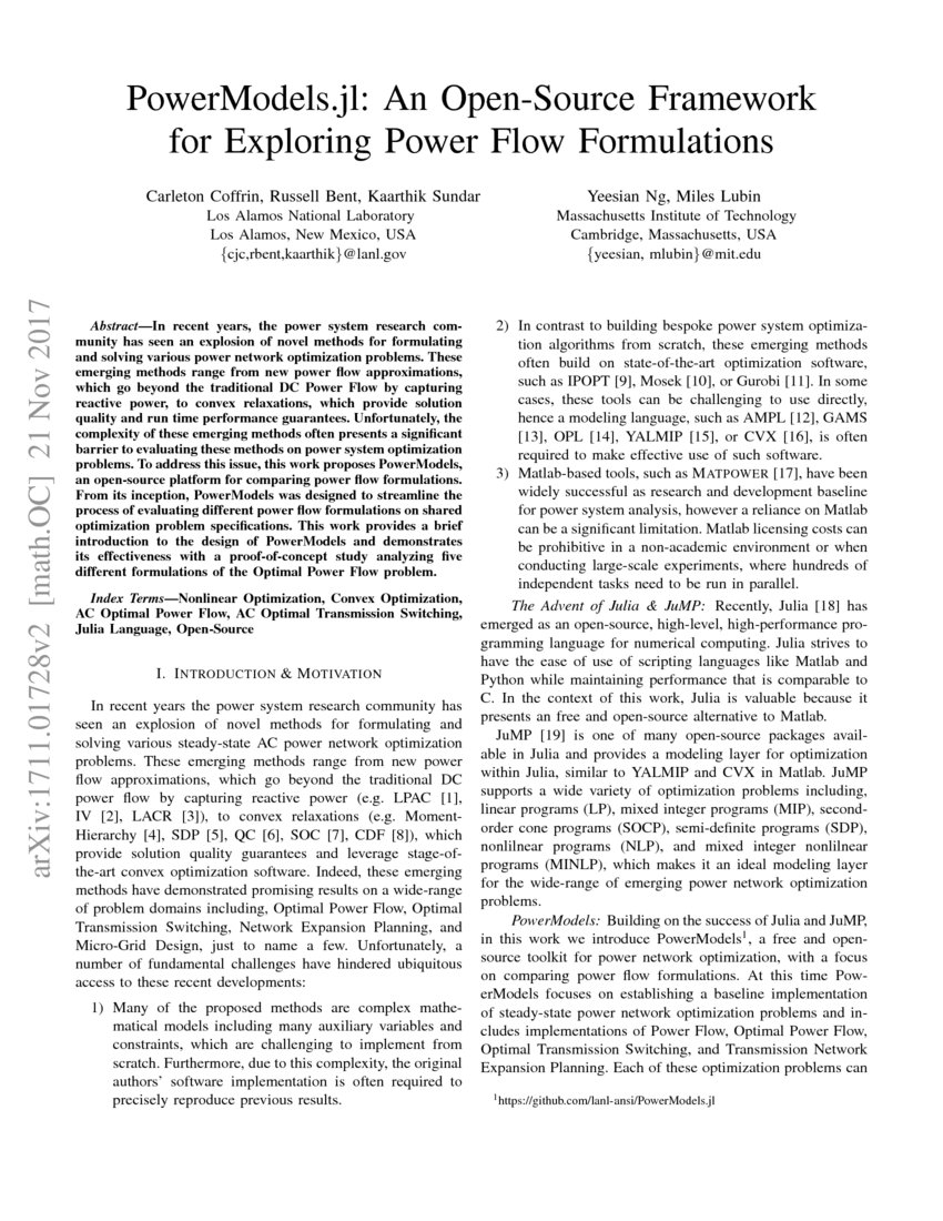Powermodelsjl An Open Source Framework For Exploring Power Flow