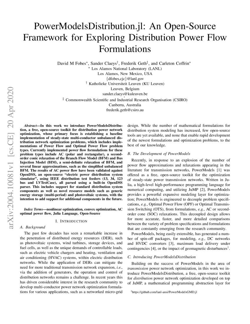 Powermodelsdistributionjl An Open Source Framework For Exploring Distribution Power Flow