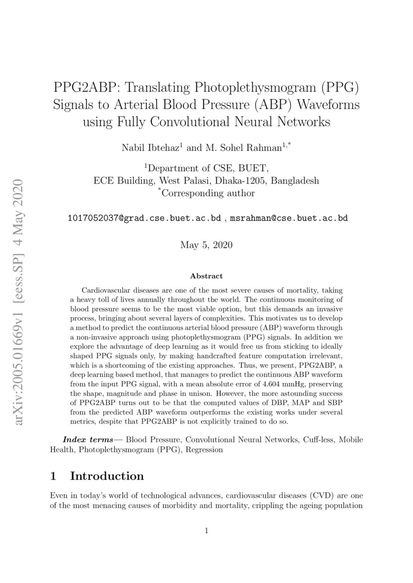 PPG2ABP: Translating Photoplethysmogram (PPG) Signals to Arterial Blood Pressure (ABP) Waveforms ...