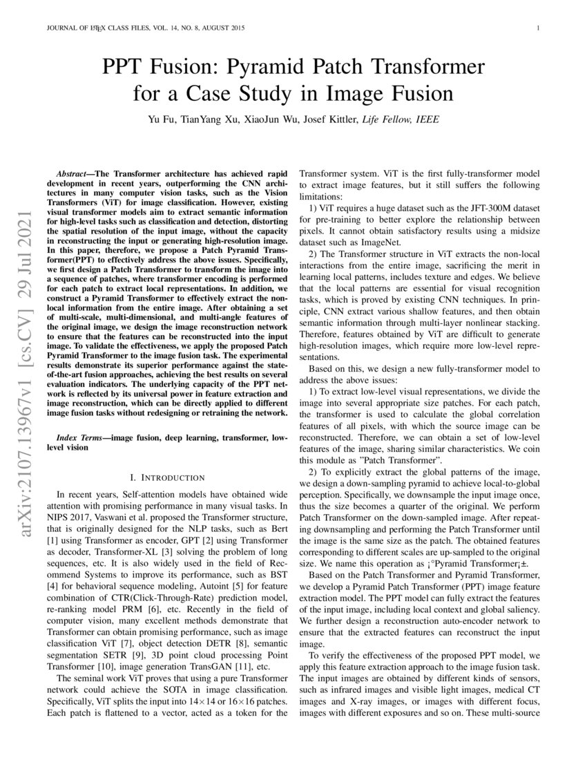 PPT Fusion: Pyramid Patch Transformerfor a Case Study in Image Fusion ...