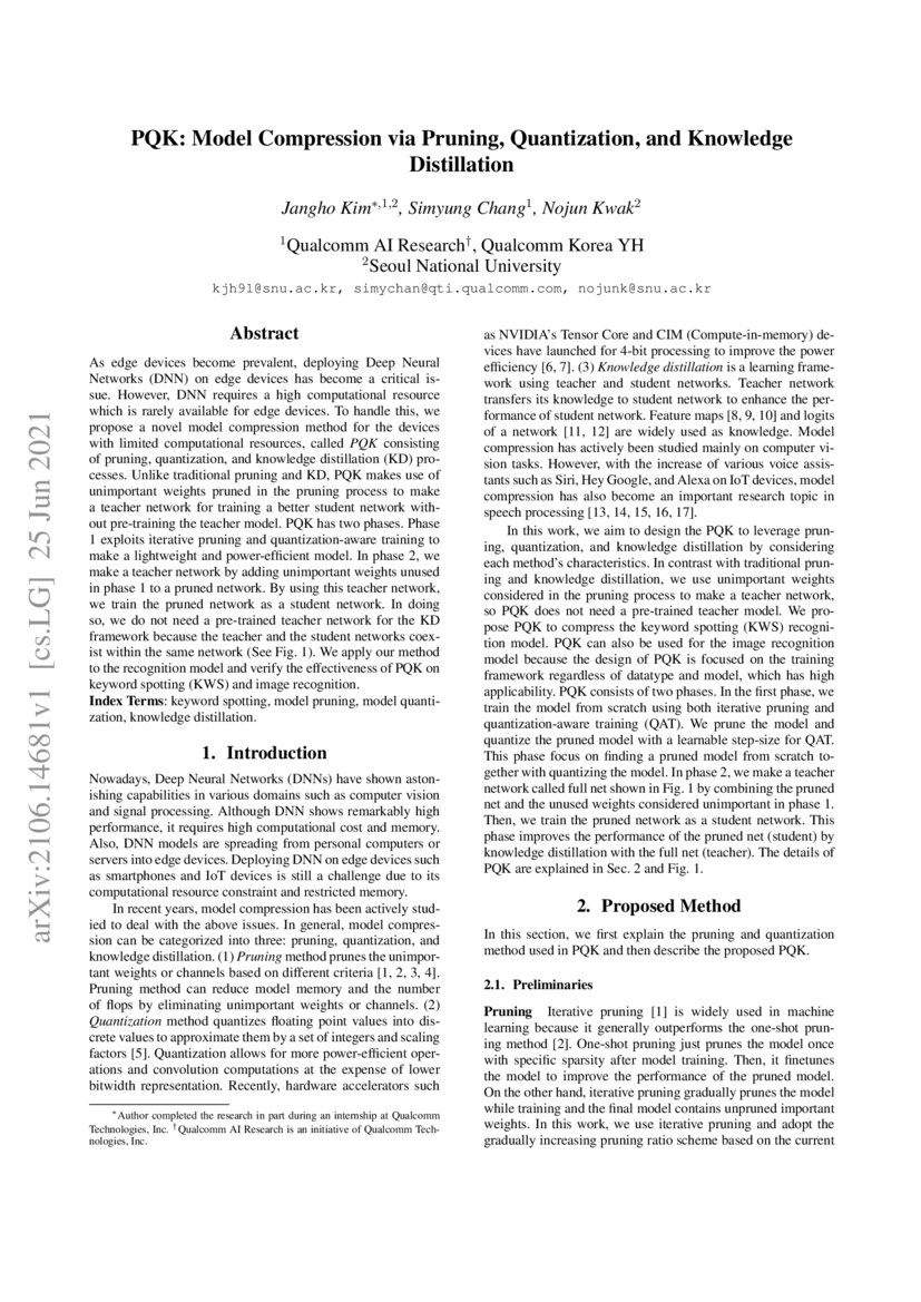 PQK: Model Compression via Pruning, Quantization, and Knowledge Distillation | DeepAI
