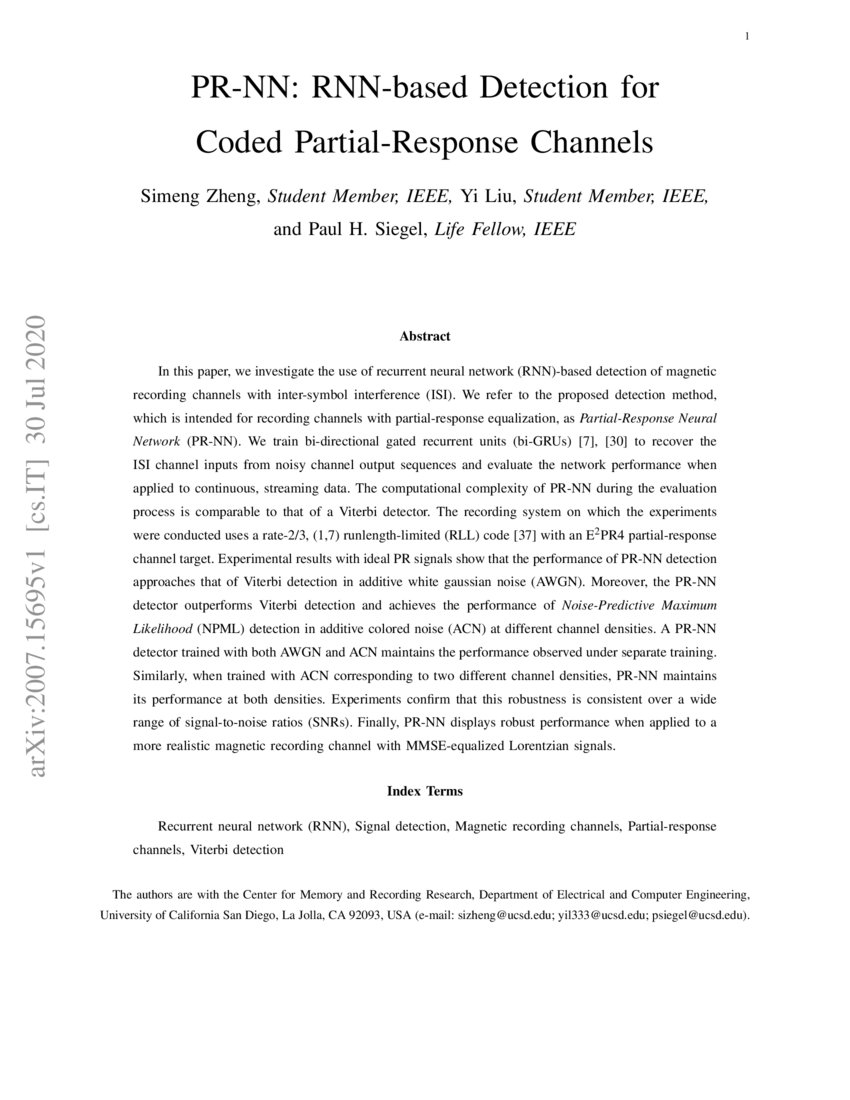 PR-NN: RNN-based Detection for Coded Partial-Response Channels | DeepAI