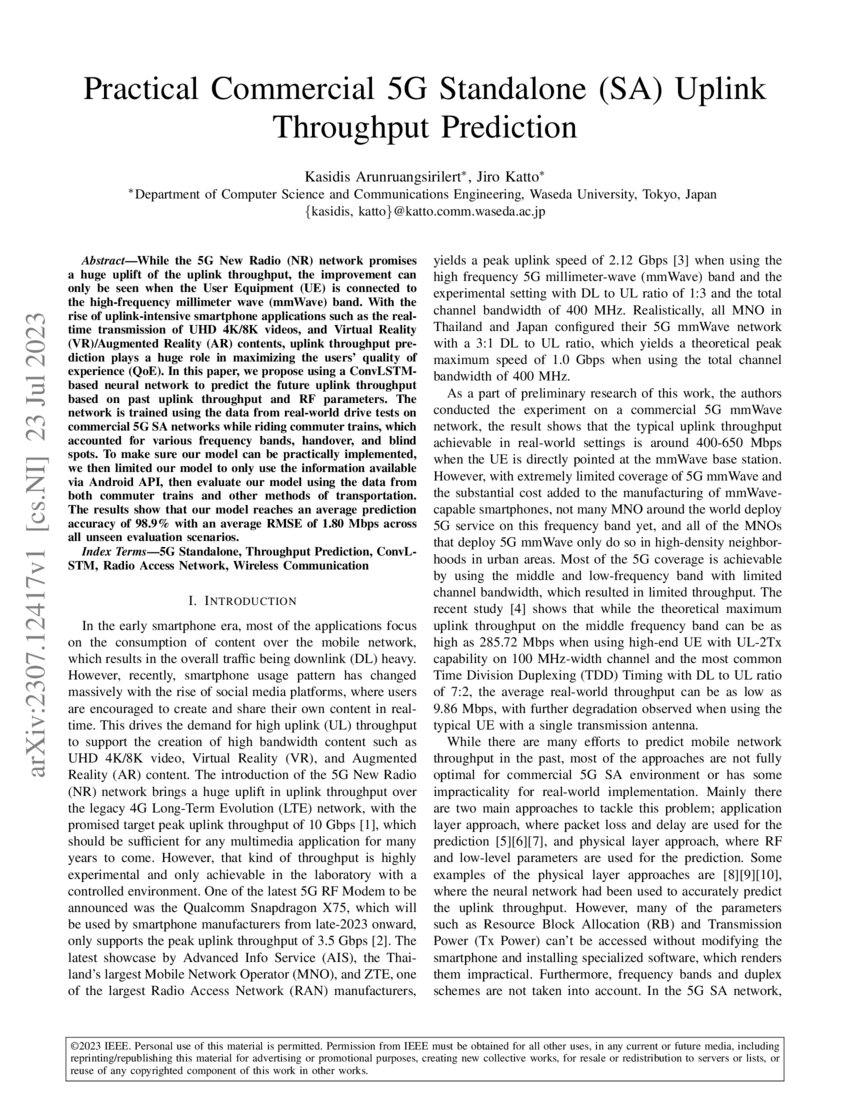 Practical Commercial 5g Standalone Sa Uplink Throughput Prediction Deepai