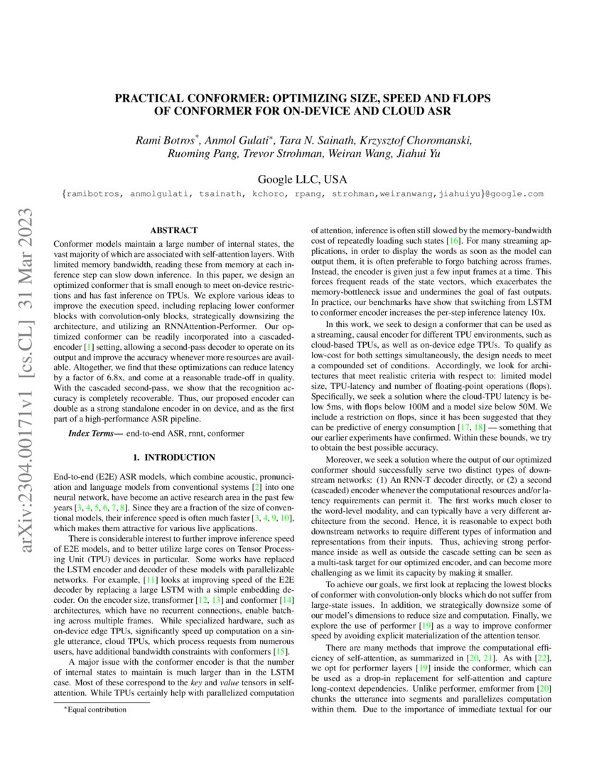 Practical Conformer: Optimizing size, speed and flops of Conformer for on-Device and cloud ASR ...