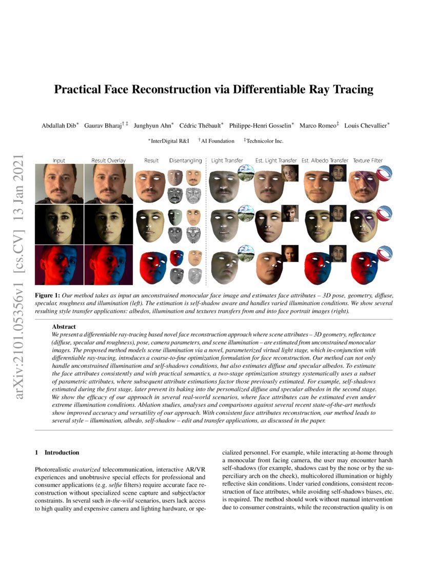 Practical Face Reconstruction Via Differentiable Ray Tracing Deepai