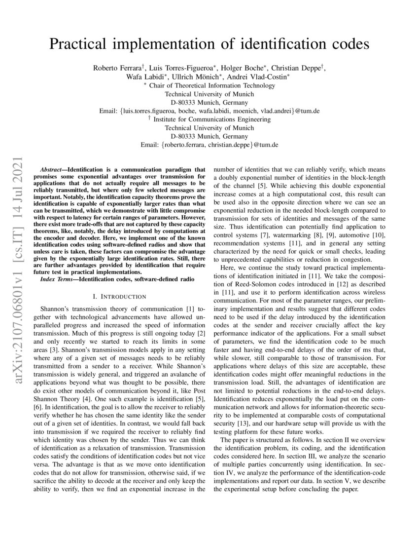 Practical implementation of identification codes | DeepAI