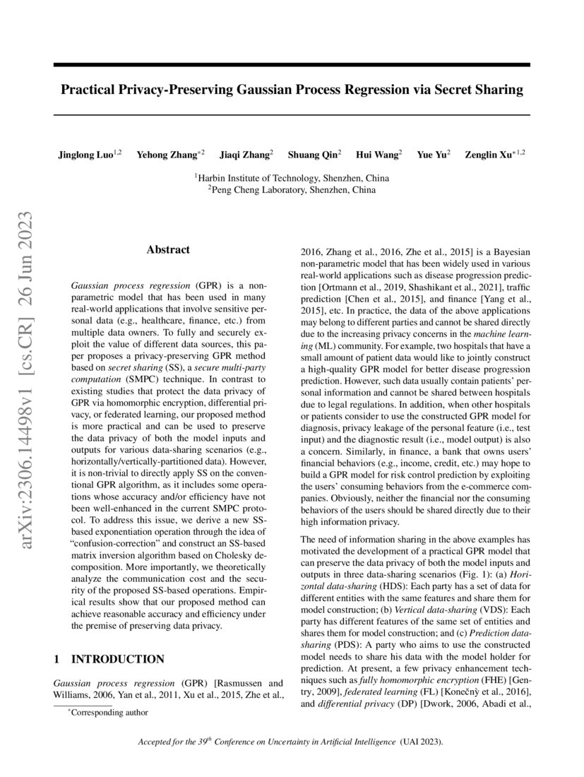 Practical Privacy Preserving Gaussian Process Regression Via Secret Sharing Deepai