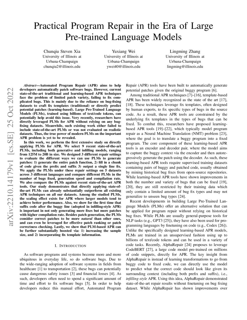 Practical Program Repair In The Era Of Large Pre Trained Language Models Deepai