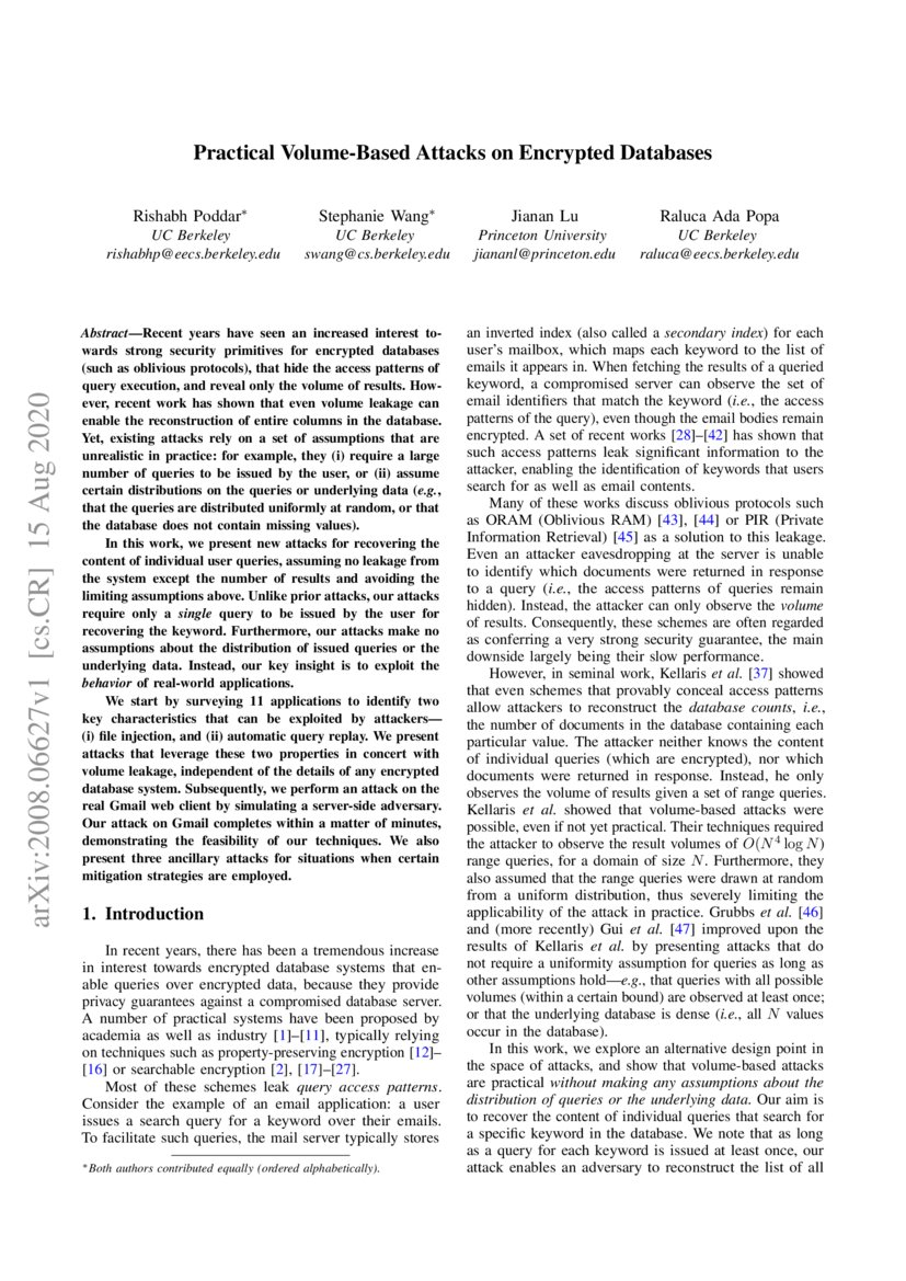 Practical Volume-Based Attacks on Encrypted Databases | DeepAI