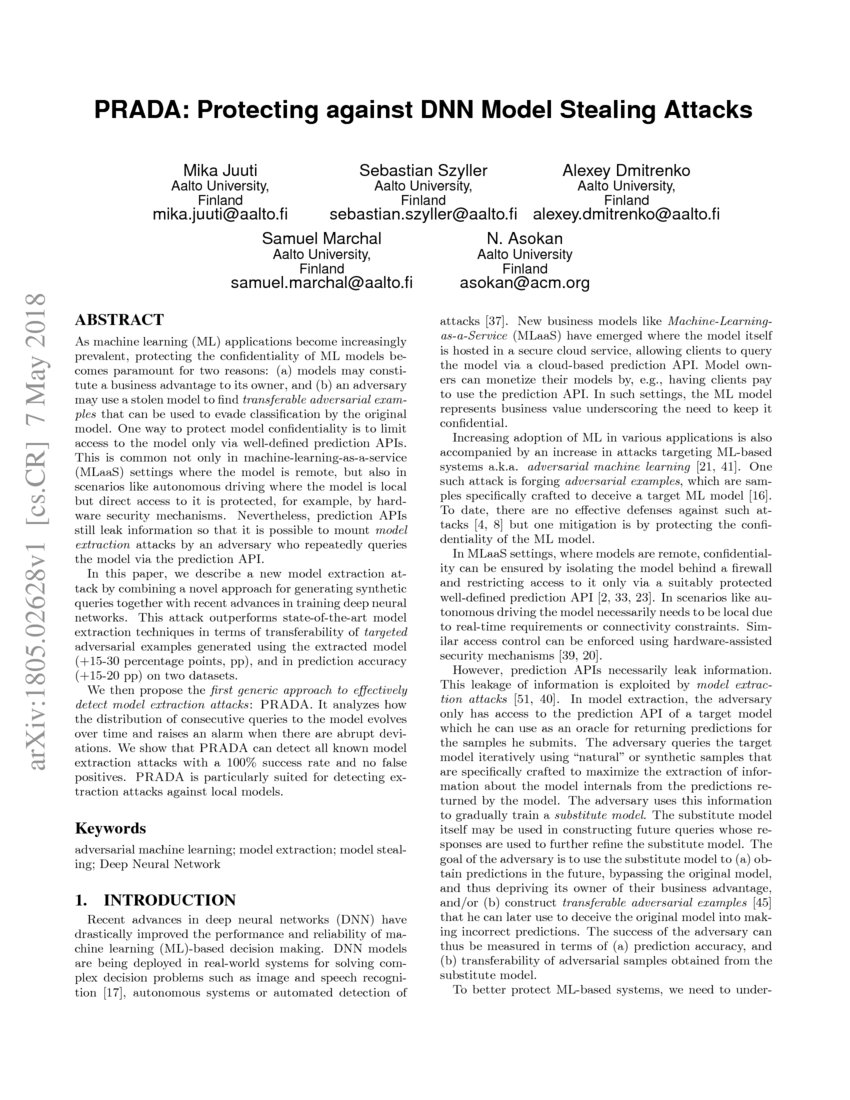 PRADA: Protecting against DNN Model Stealing Attacks | DeepAI