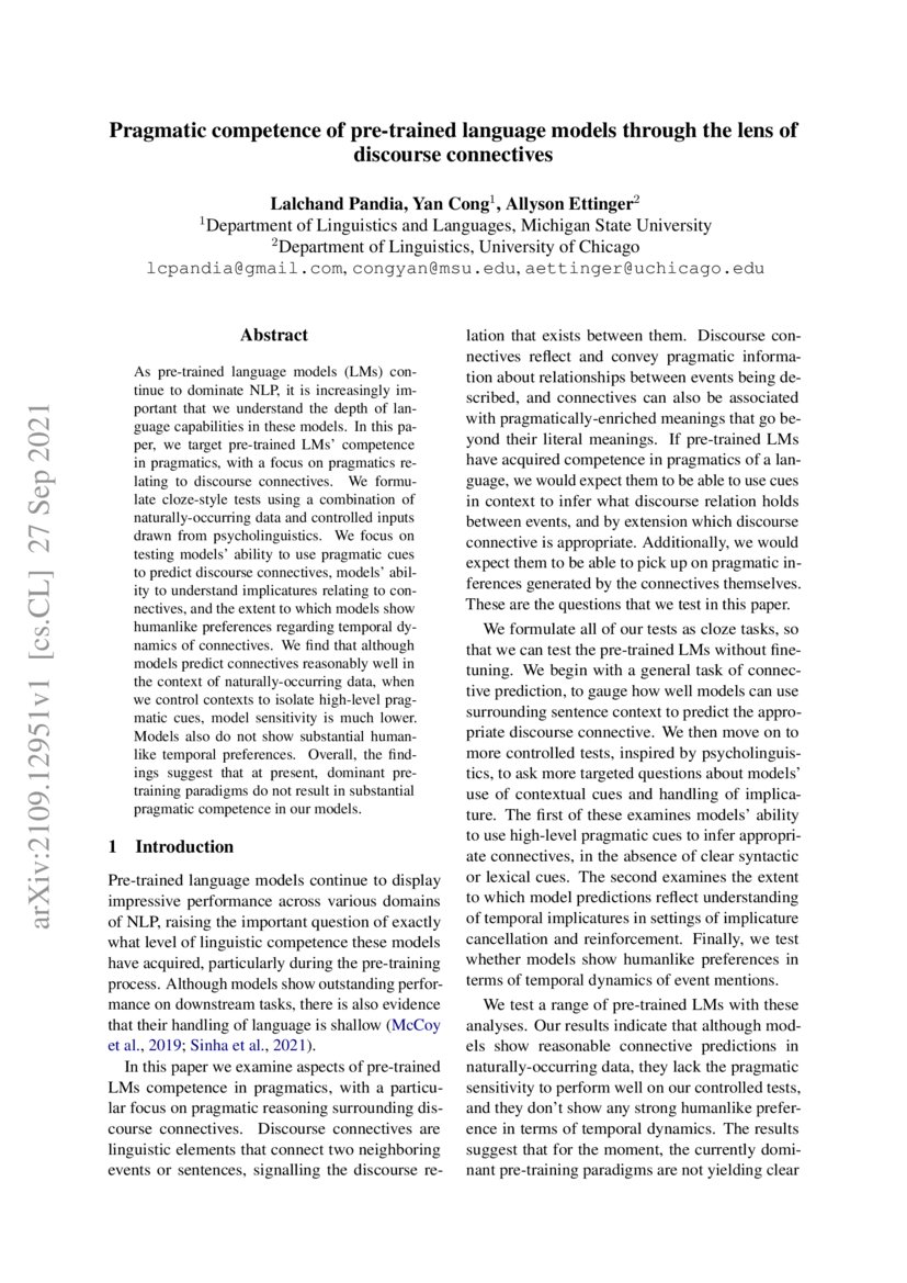 Pragmatic competence of pre-trained language models through the lens of discourse connectives ...