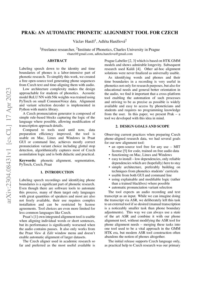 Prak: An automatic phonetic alignment tool for Czech | DeepAI