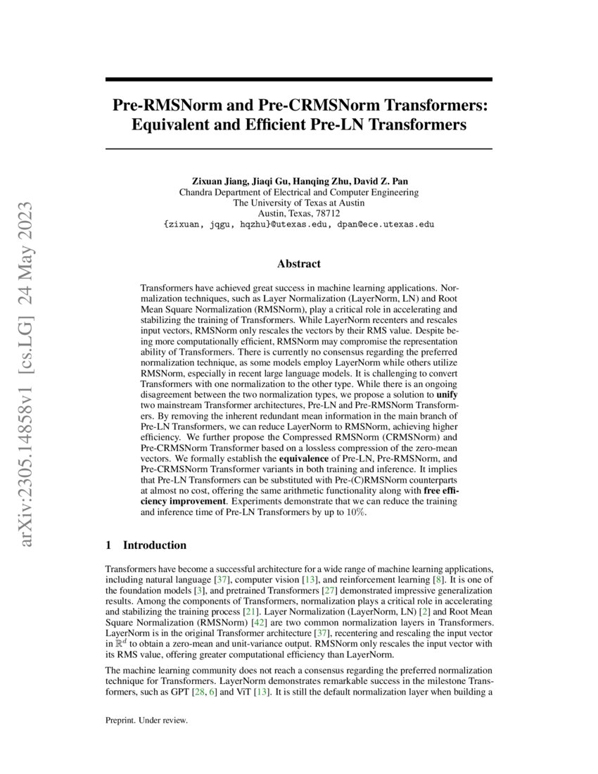 Pre-RMSNorm and Pre-CRMSNorm Transformers: Equivalent and Efficient Pre ...
