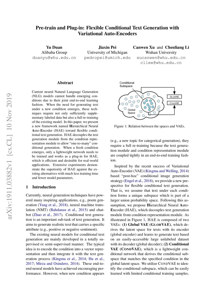 Pre-train and Plug-in: Flexible Conditional Text Generation with Variational Auto-Encoders | DeepAI