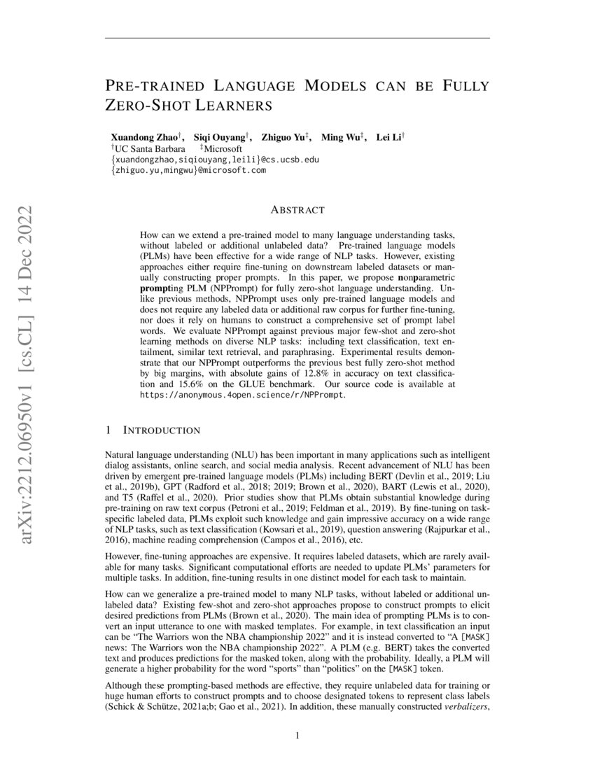 Pre Trained Language Models Can Be Fully Zero Shot Learners Deepai 