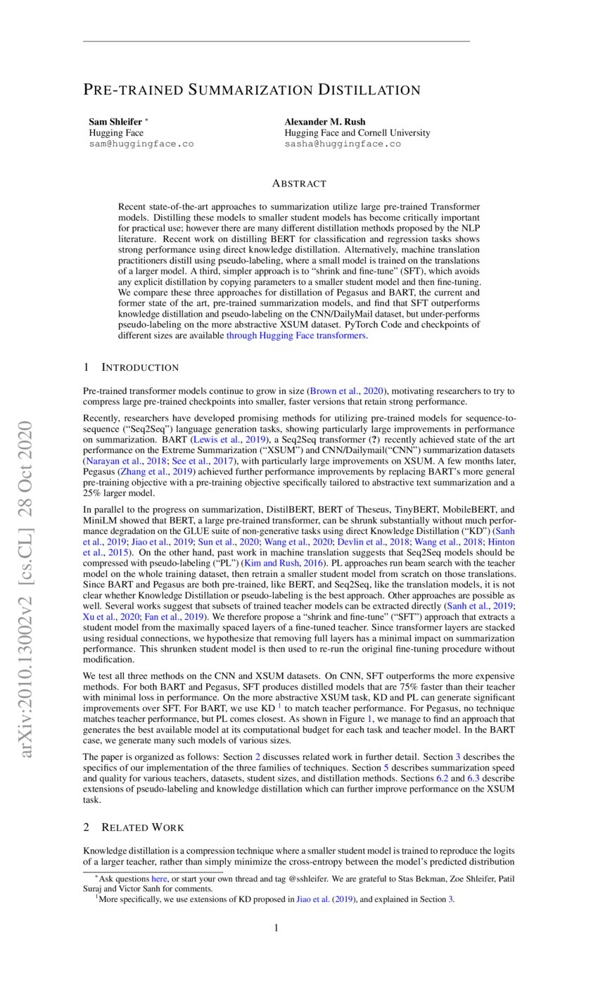 Pre Trained Summarization Distillation Deepai