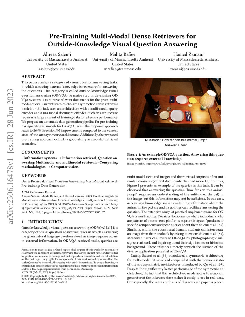 Pre-Training Multi-Modal Dense Retrievers for Outside-Knowledge Visual Question Answering | DeepAI