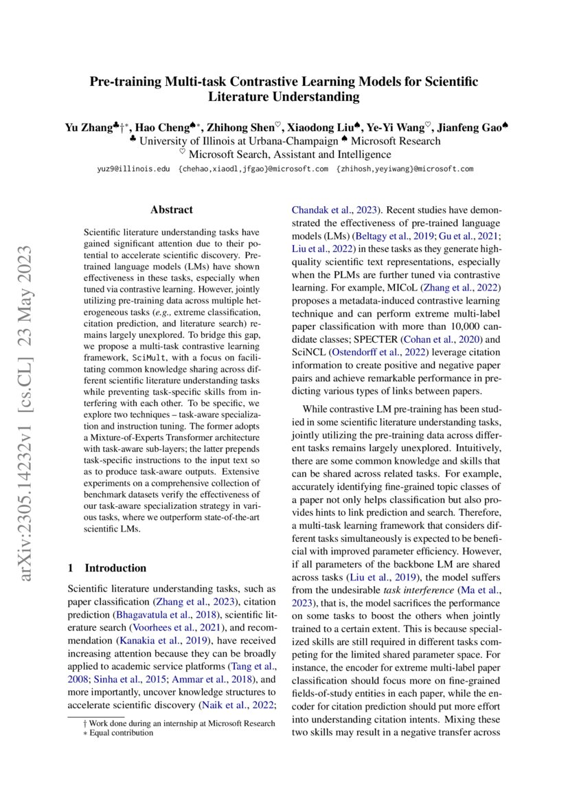 Pre Training Multi Task Contrastive Learning Models For Scientific