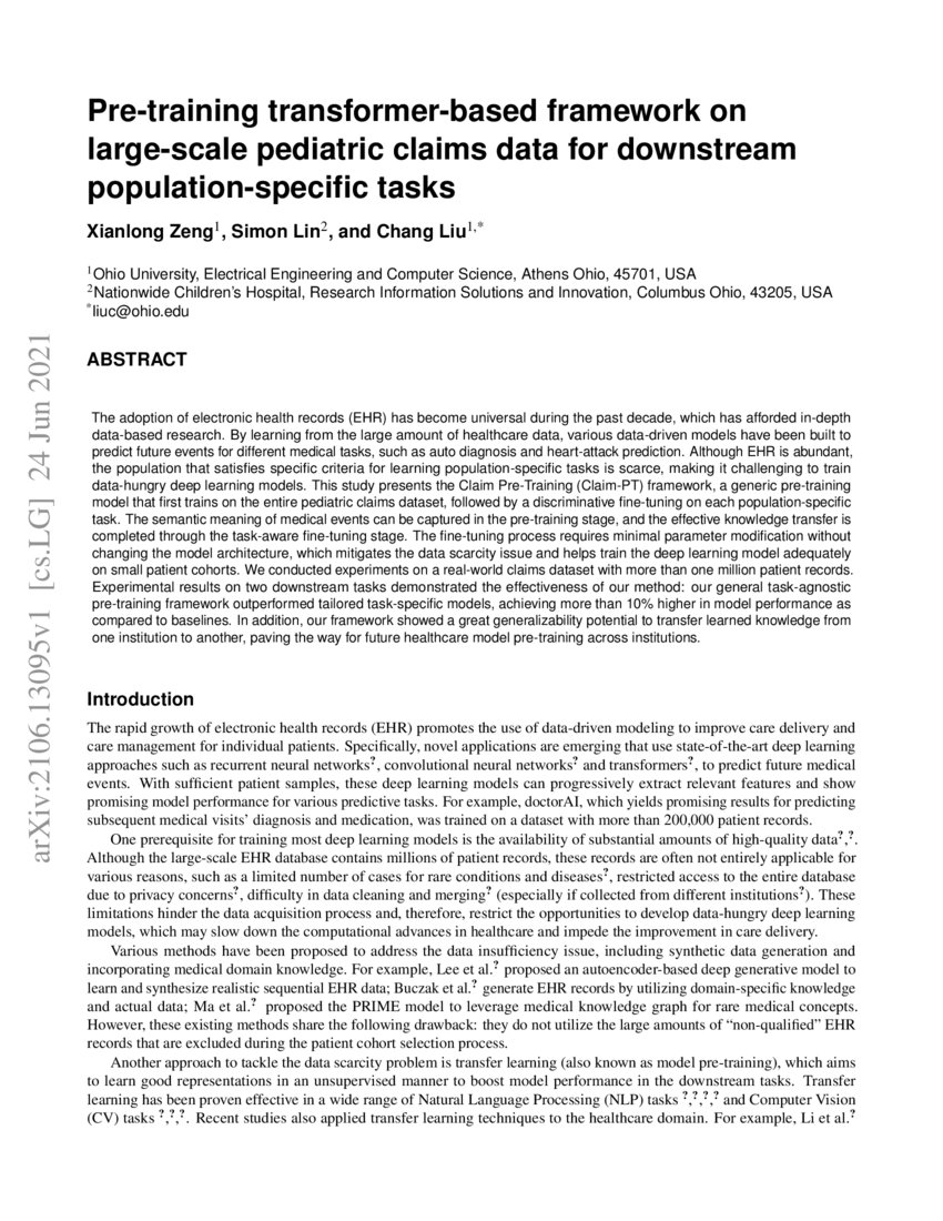 Pre-training transformer-based framework on large-scale pediatric claims data for downstream ...