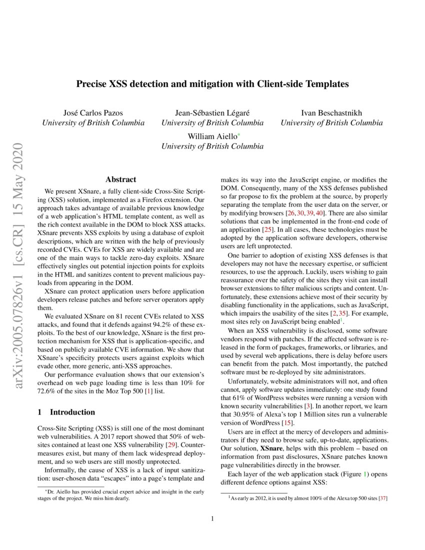 Precise XSS detection and mitigation with Client-side Templates | DeepAI