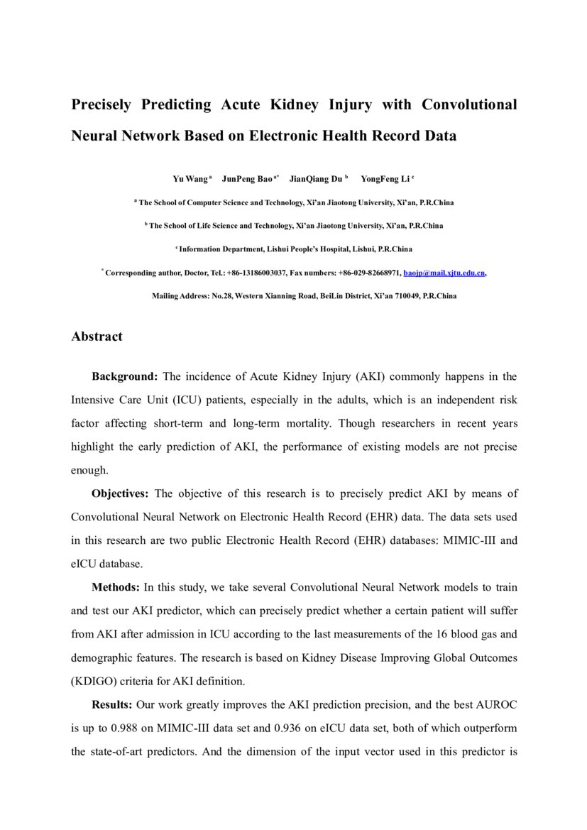 Precisely Predicting Acute Kidney Injury with Convolutional Neural ...
