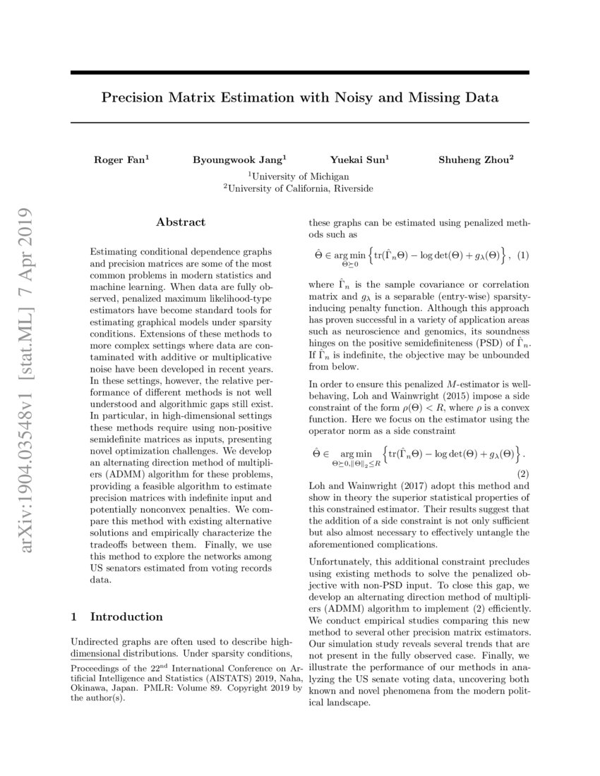Precision Matrix Estimation With Noisy And Missing Data Deepai