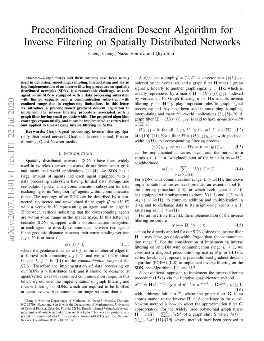 Preconditioned Gradient Descent Algorithm for Inverse Filtering on Spatially Distributed ...