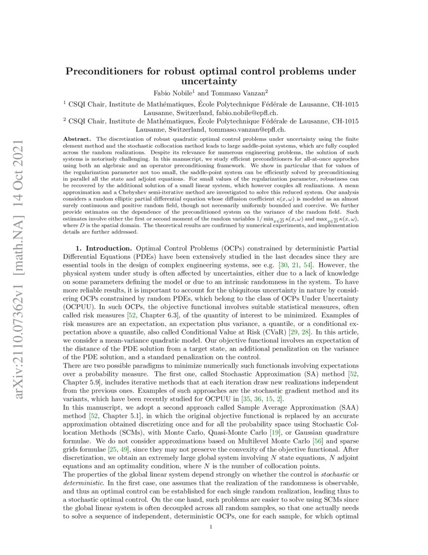Preconditioners for robust optimal control problems under uncertainty | DeepAI