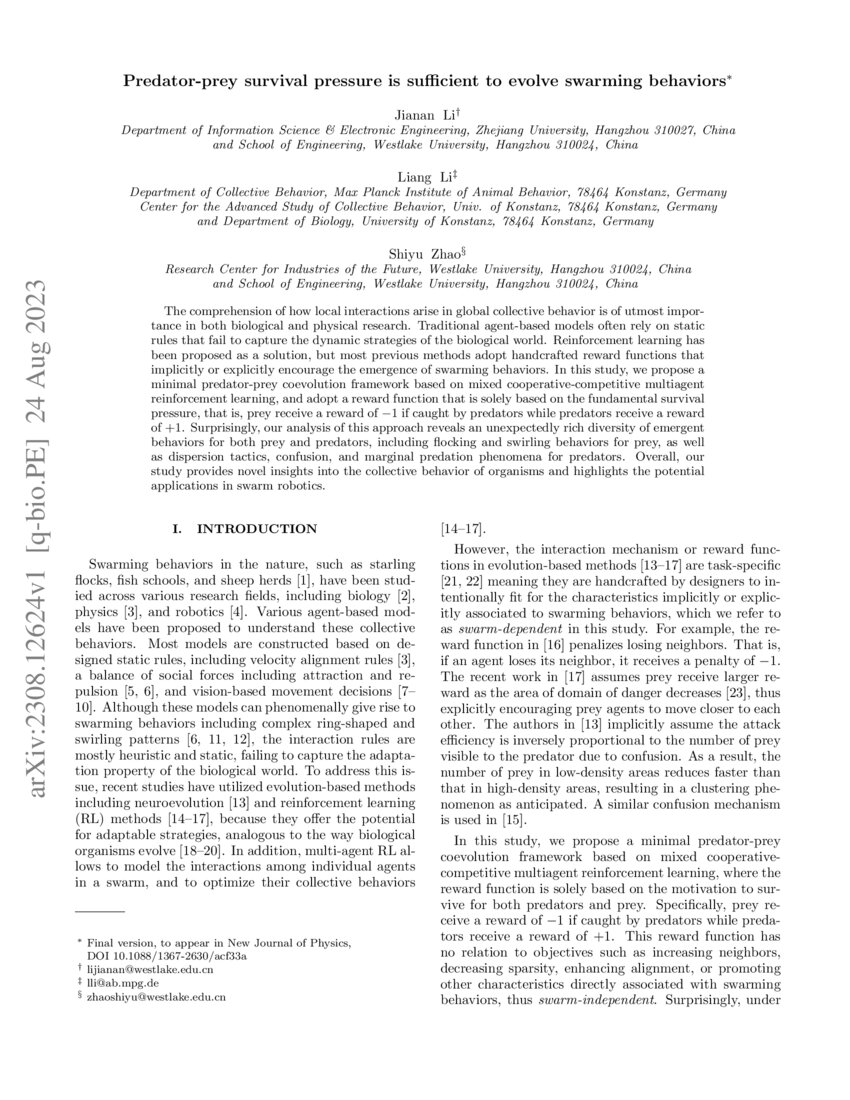 Predator Prey Survival Pressure Is Sufficient To Evolve Swarming Behaviors Deepai 