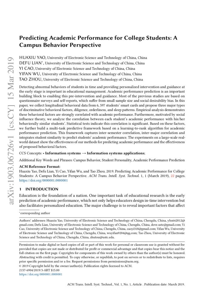 Predicting Academic Performance for College Students: A Campus Behavior ...