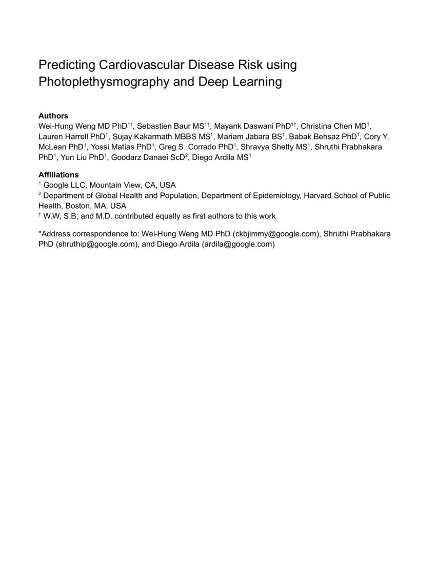 Predicting Cardiovascular Disease Risk using Photoplethysmography and Deep Learning | DeepAI