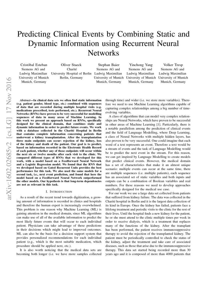 Predicting Clinical Events By Combining Static And Dynamic Information Using Recurrent Neural