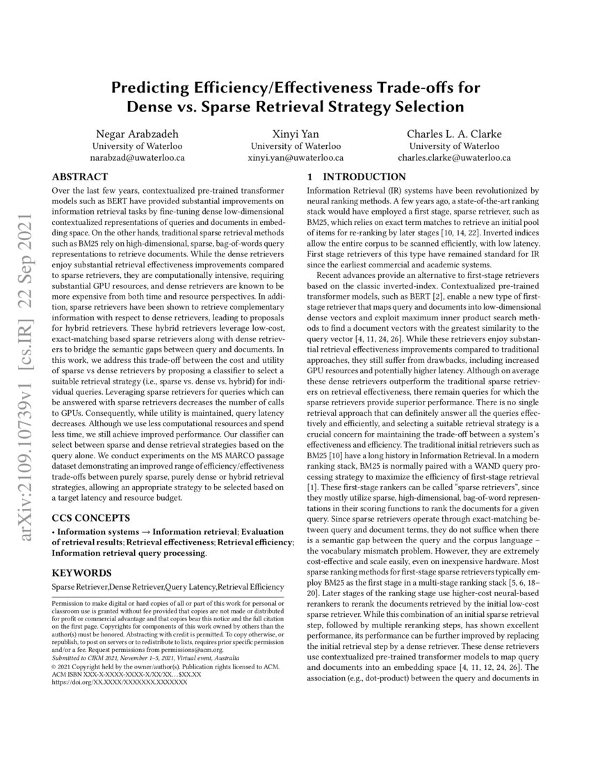 Predicting Efficiency/Effectiveness Trade-offs for Dense vs. Sparse Retrieval Strategy Selection ...