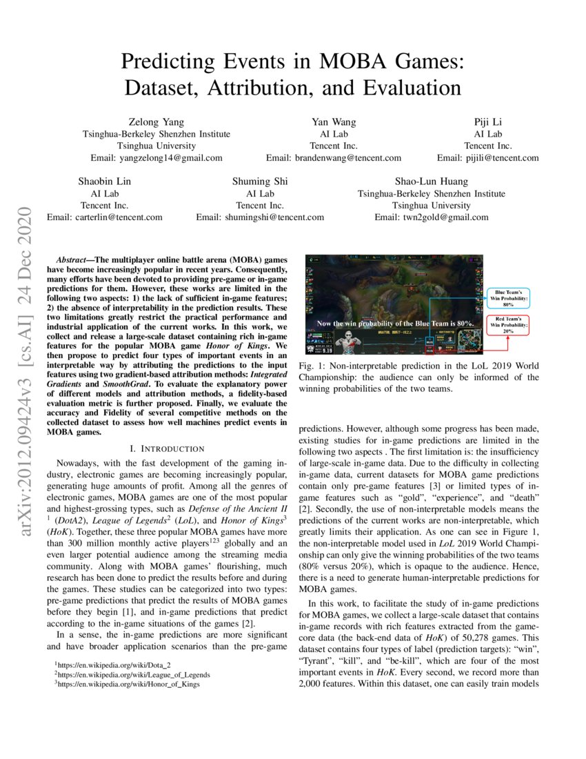 Predicting Events in MOBA Games: Dataset, Attribution, and Evaluation | DeepAI